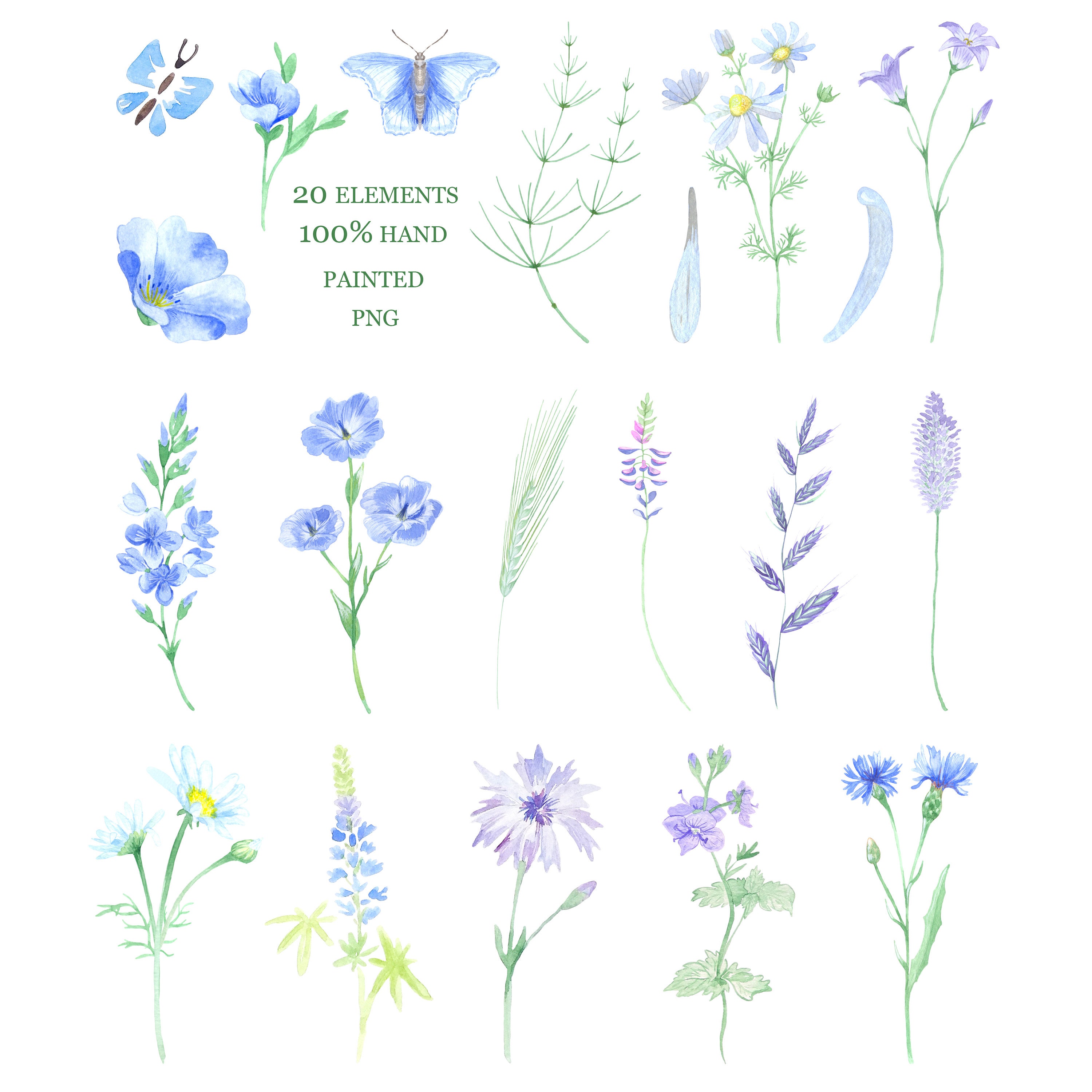 Watercolor Wildflowers in Blue Shades of Clipartperfect for | Etsy