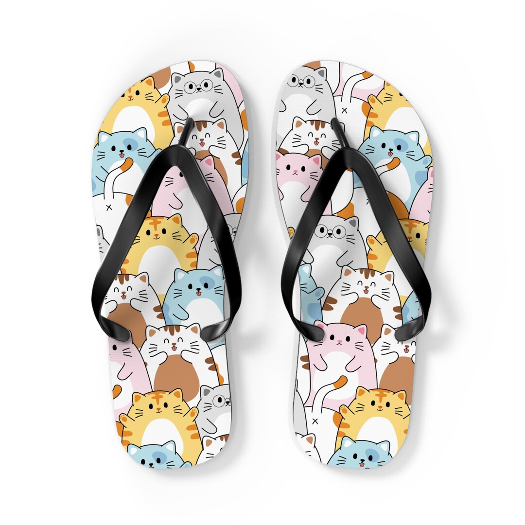 Kawaii Cats Flip Flops, Cute Animal Sandals, Kitty Design Slippers, Fun ...