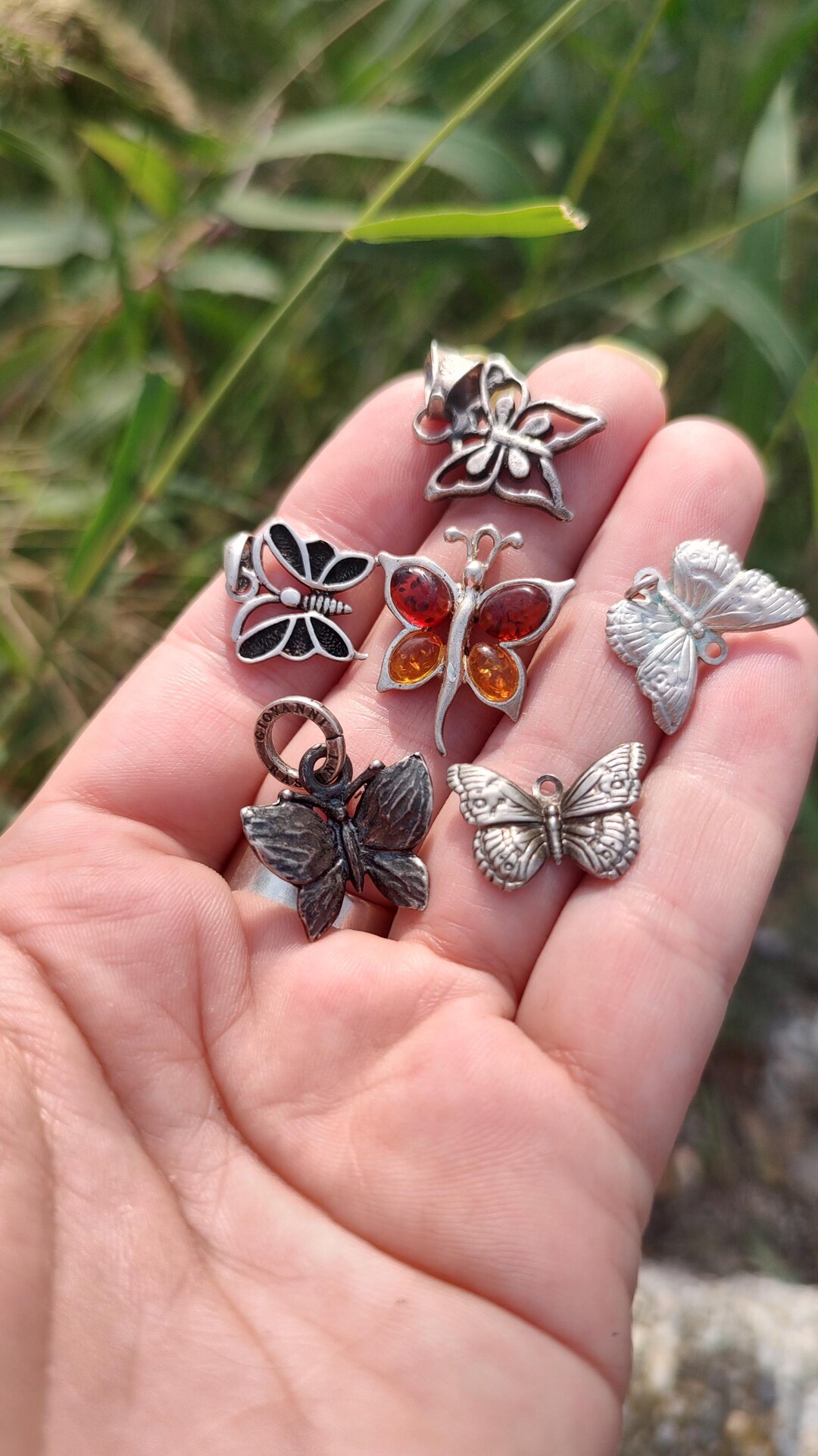 Vintage Sterling Silver Butterfly Pendants: Enamel & Amber Charms, Set ...
