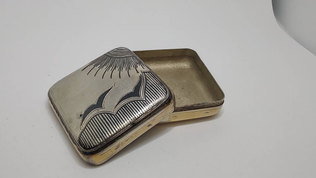 Antique Soviet Sterling Silver Niello Pill Box, Black Enamel Landscape ...