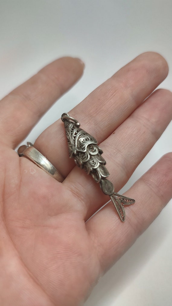 Antique Articulated Filigree Fish Silver Charm Pendant - Gem