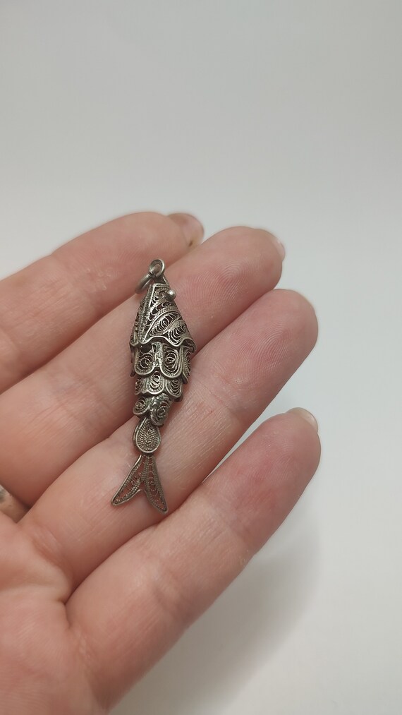 Antique Articulated Filigree Fish Silver Charm Pendant - Gem