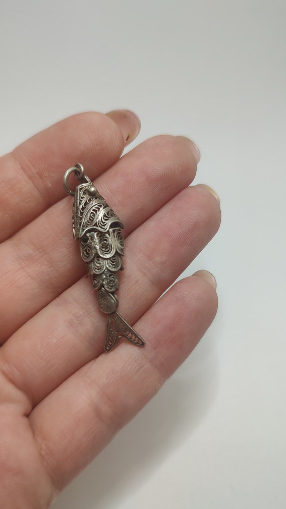 Antique Articulated Filigree Fish Silver Charm Pendant - Gem