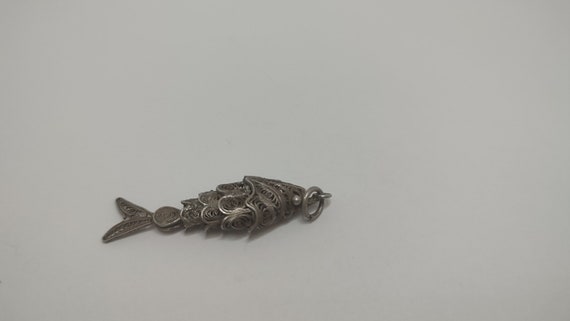 Antique Articulated Filigree Fish Silver Charm Pendant - Gem