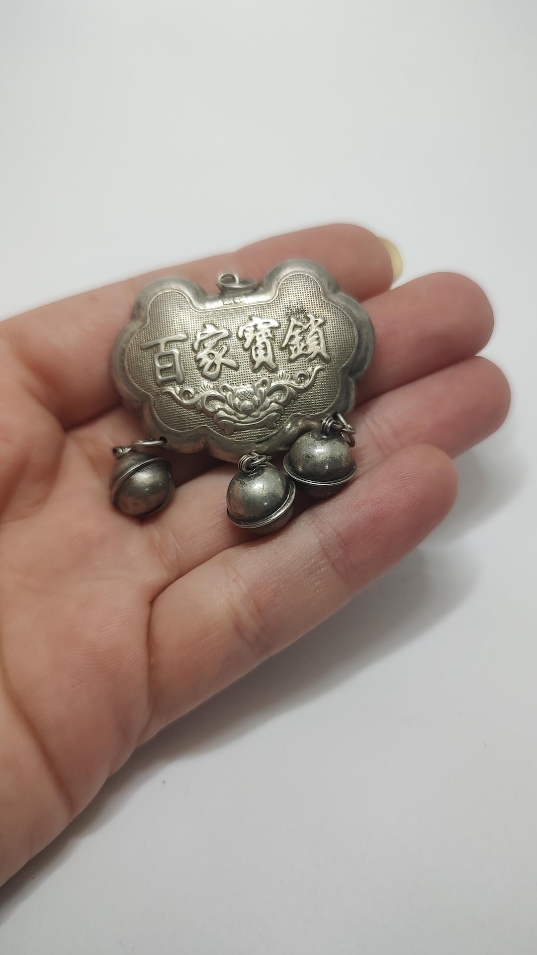 Vintage Chinese Silver Longevity Lock Amulet, Bells, Protection Pendant ...