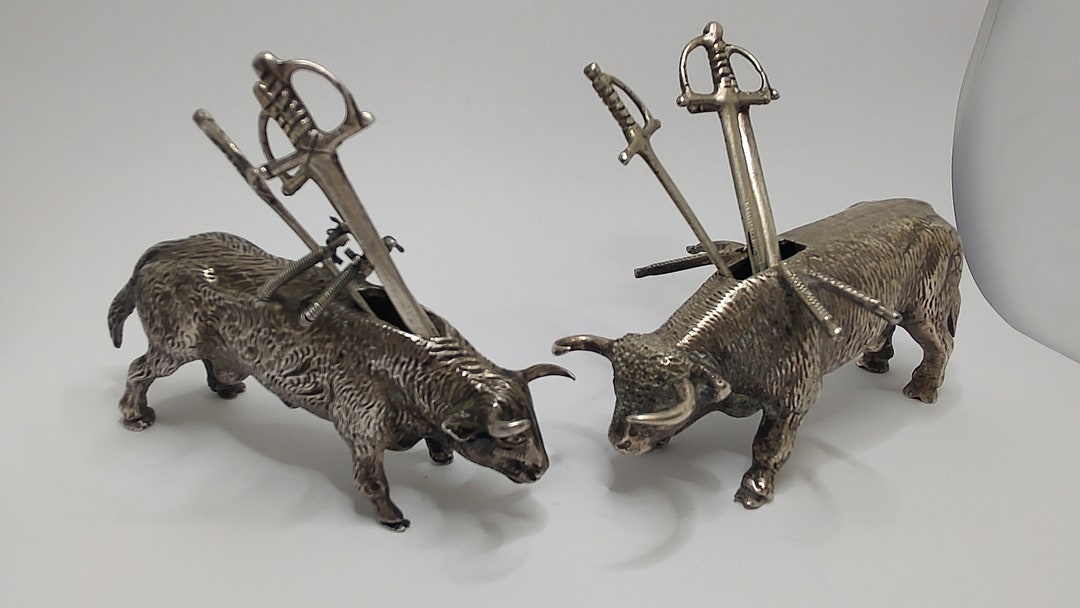 Rare Antique Solid Silver Matador Bull Statuette Set With Sword Skewers ...