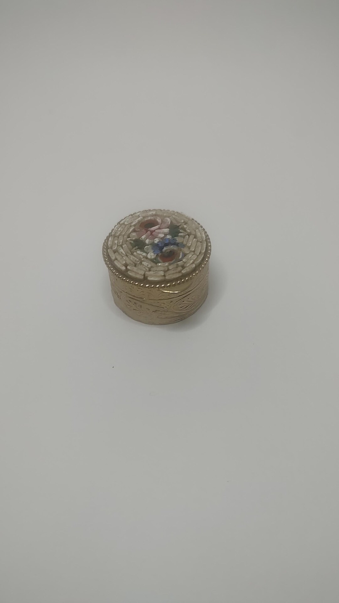 Vintage Italian Micro Mosaic Pill Boxes: Gilded Floral Brass Trinket ...