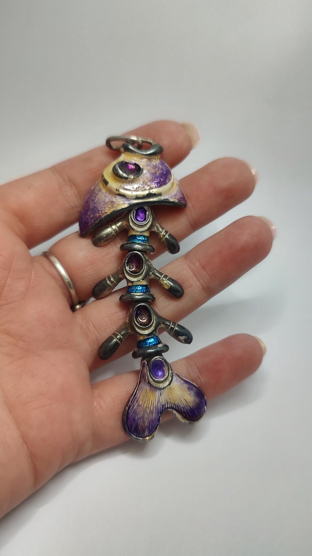 Vintage Huge Fishbone Signed Sterling Silver Articulated Fish Bone ...
