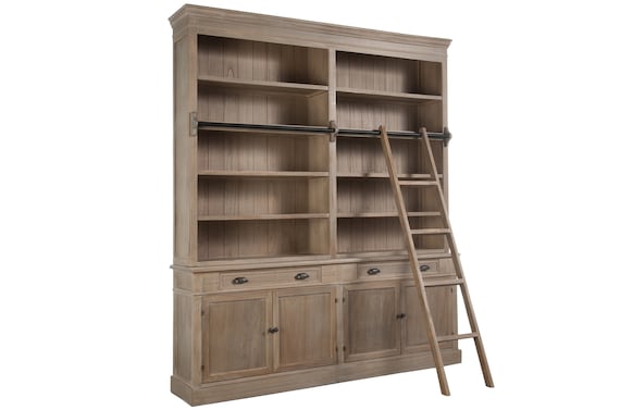 French Beautiful Bookcase With Ladder Library Cabinet Rolling Wood Ladder Wood Bookshelves Bookshelf Cabinets Etsy