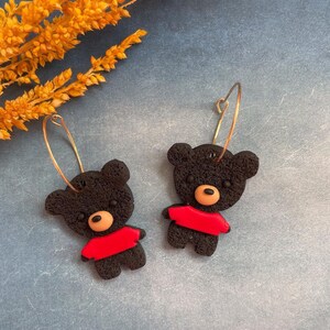 Teddy Bear Earring, Cute Bear Earrings, Red Tshirt Tedy Bear, Black Bear Earrings, Handmade Clay ...