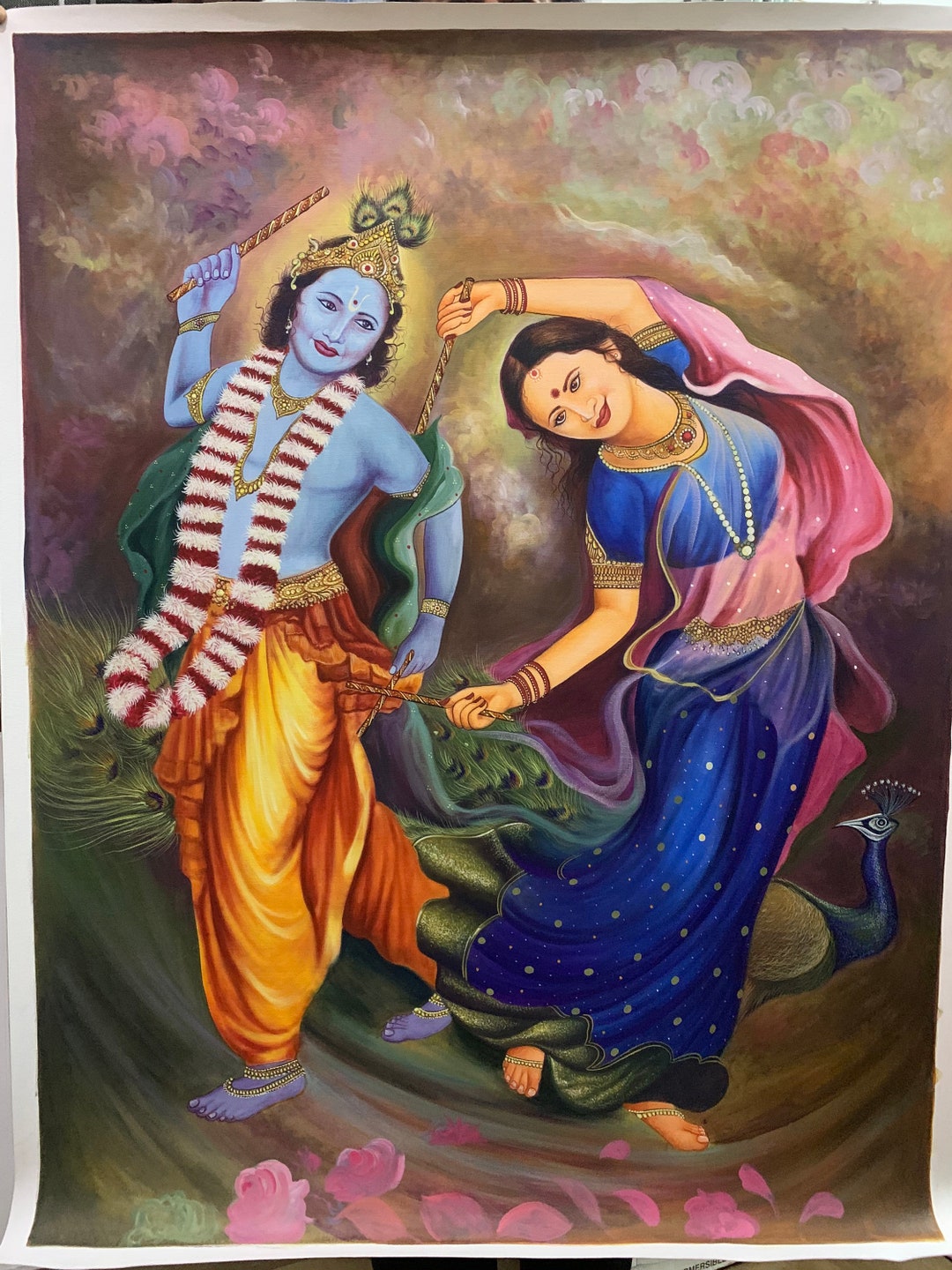 Original Radha Krishna Raas Leela Painting on Cotton Canvas in Acrylic ...