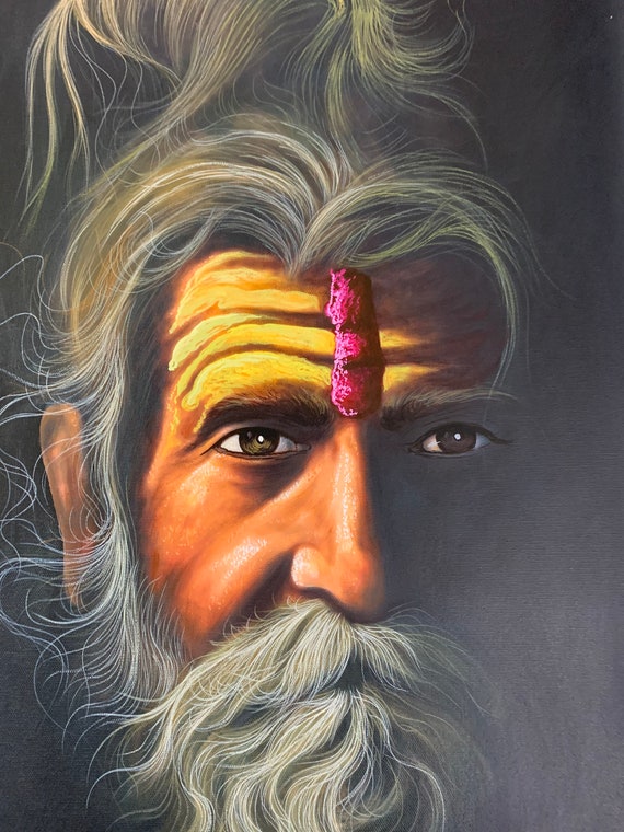 Indian shadhu / Sage painting on canvas using acrylic colors | Etsy