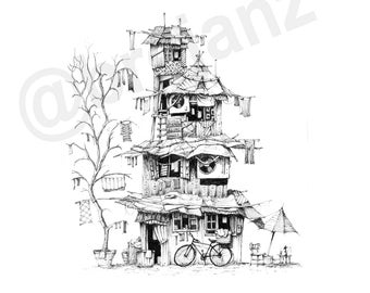 Lighthouse Town A4 Print of a Pen & Ink Drawing | Etsy