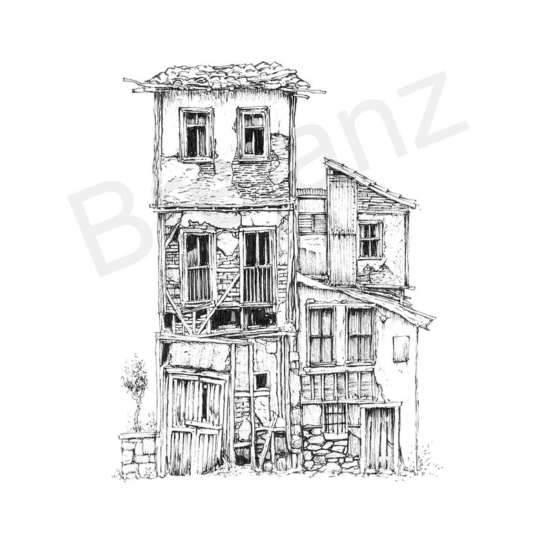 Printable Digital Download of a Pen an Ink Drawing of a Dilapidated ...