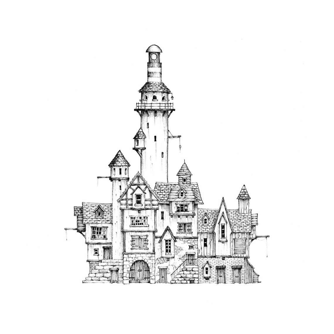 Lighthouse Town A4 Print of a Pen & Ink Drawing - Etsy