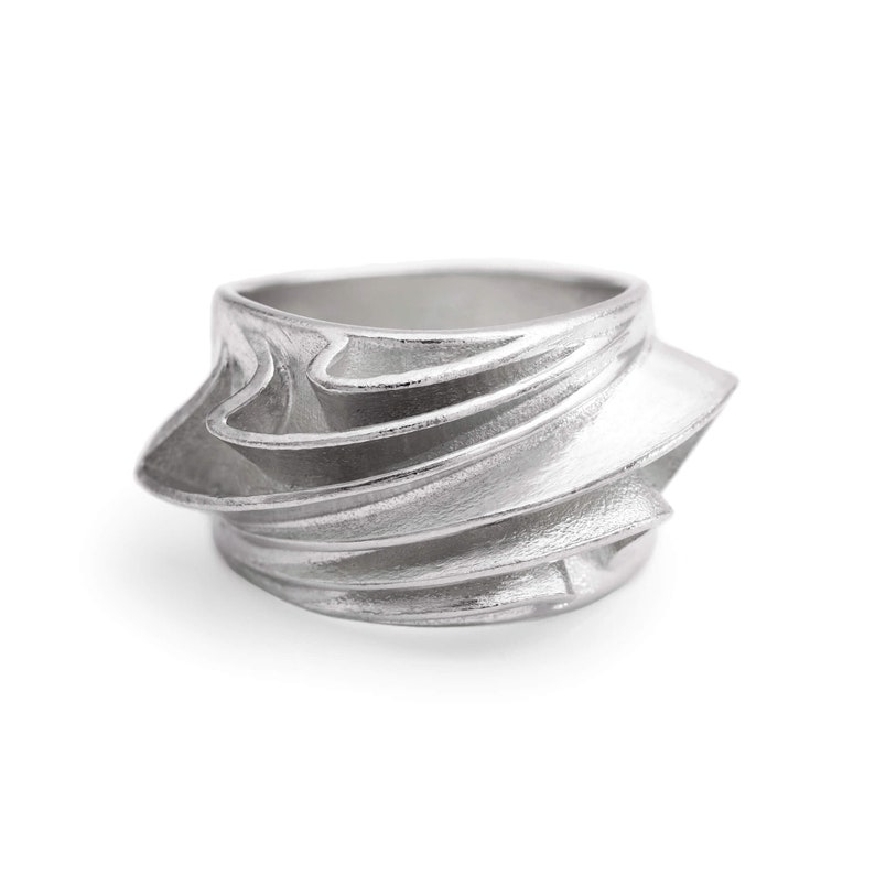 Architectural Futuristic Structured Silver Ring, Crossing Waves ...