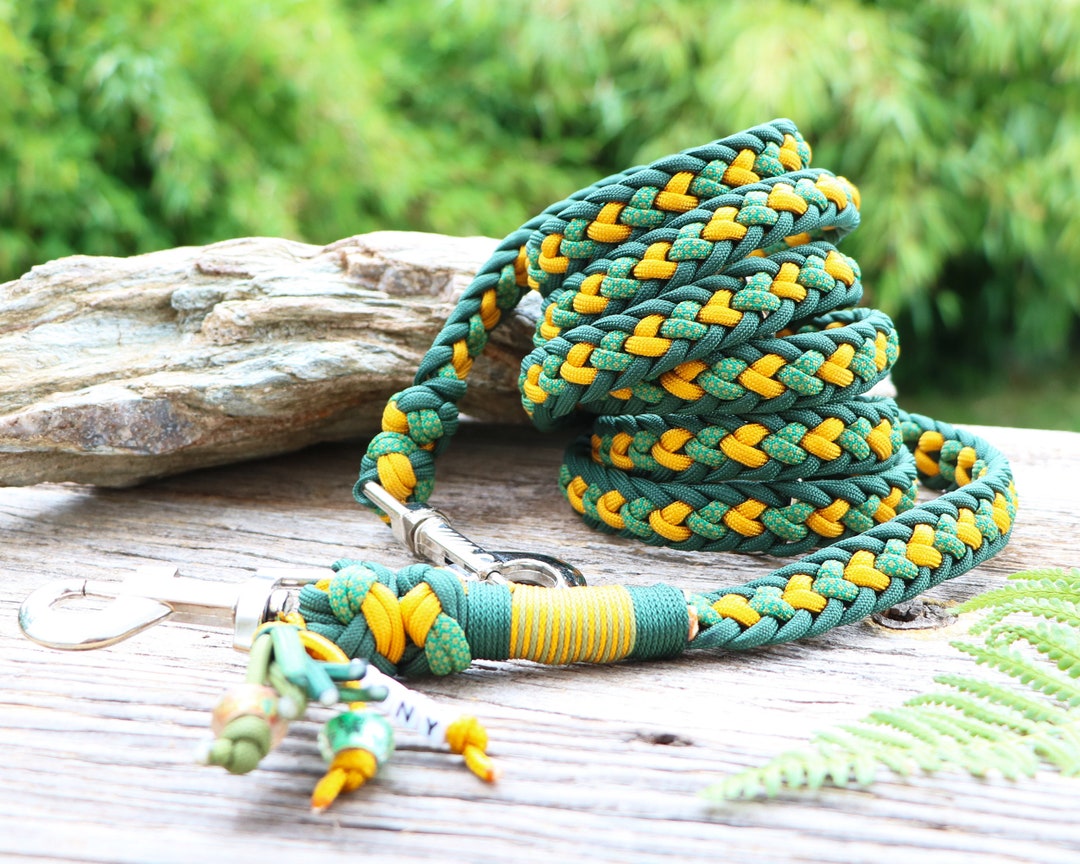 Braided Dog Leash With Name Tag, Emerald Green Honey Yellow,waterproof ...