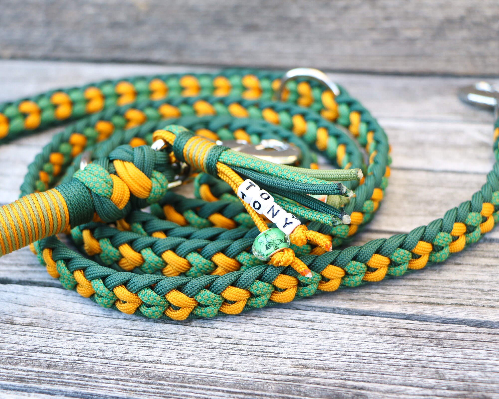 Braided Dog Leash With Name Tag, Emerald Green Honey Yellow,waterproof ...