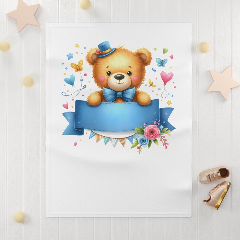 Blue Teddy Bear Personalize Banner Baby Blanket | Cute Floral Hearts ...