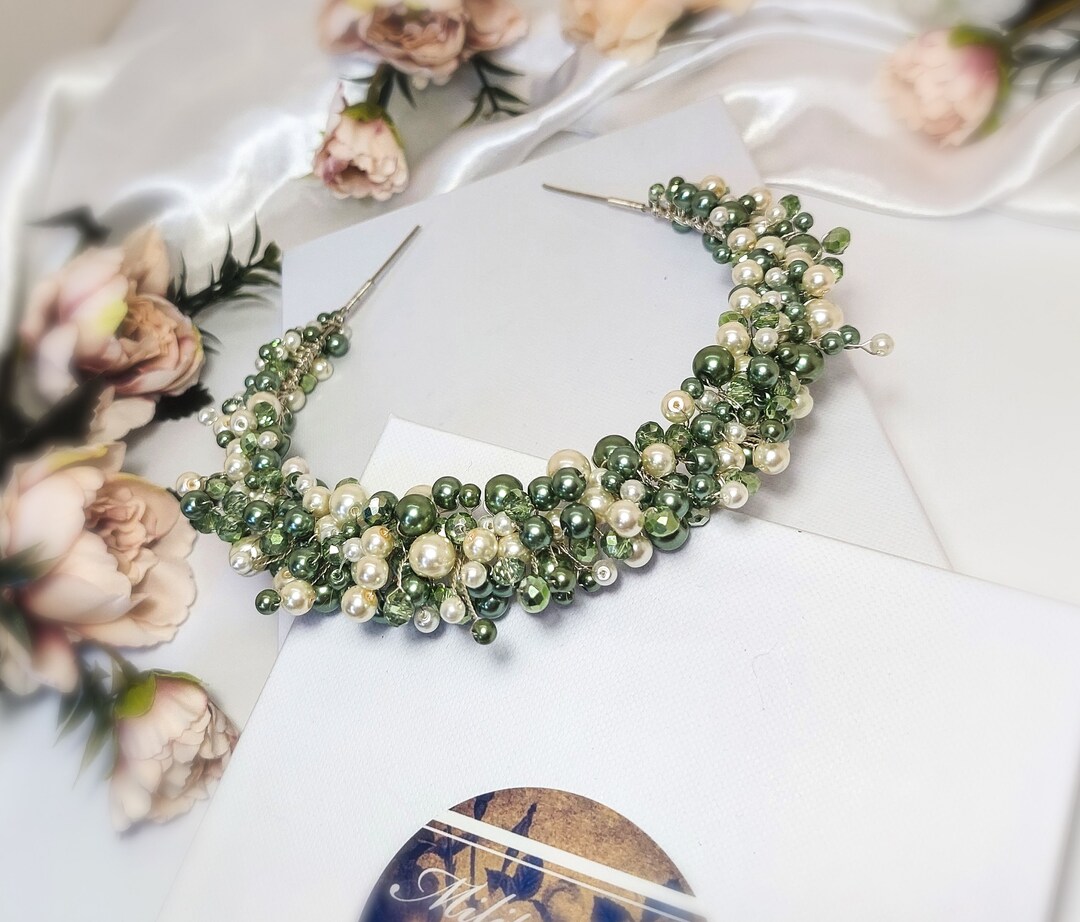 Seige Green & Cream Pearl Headband / Bridesmaid Wedding Hair Jewellery ...
