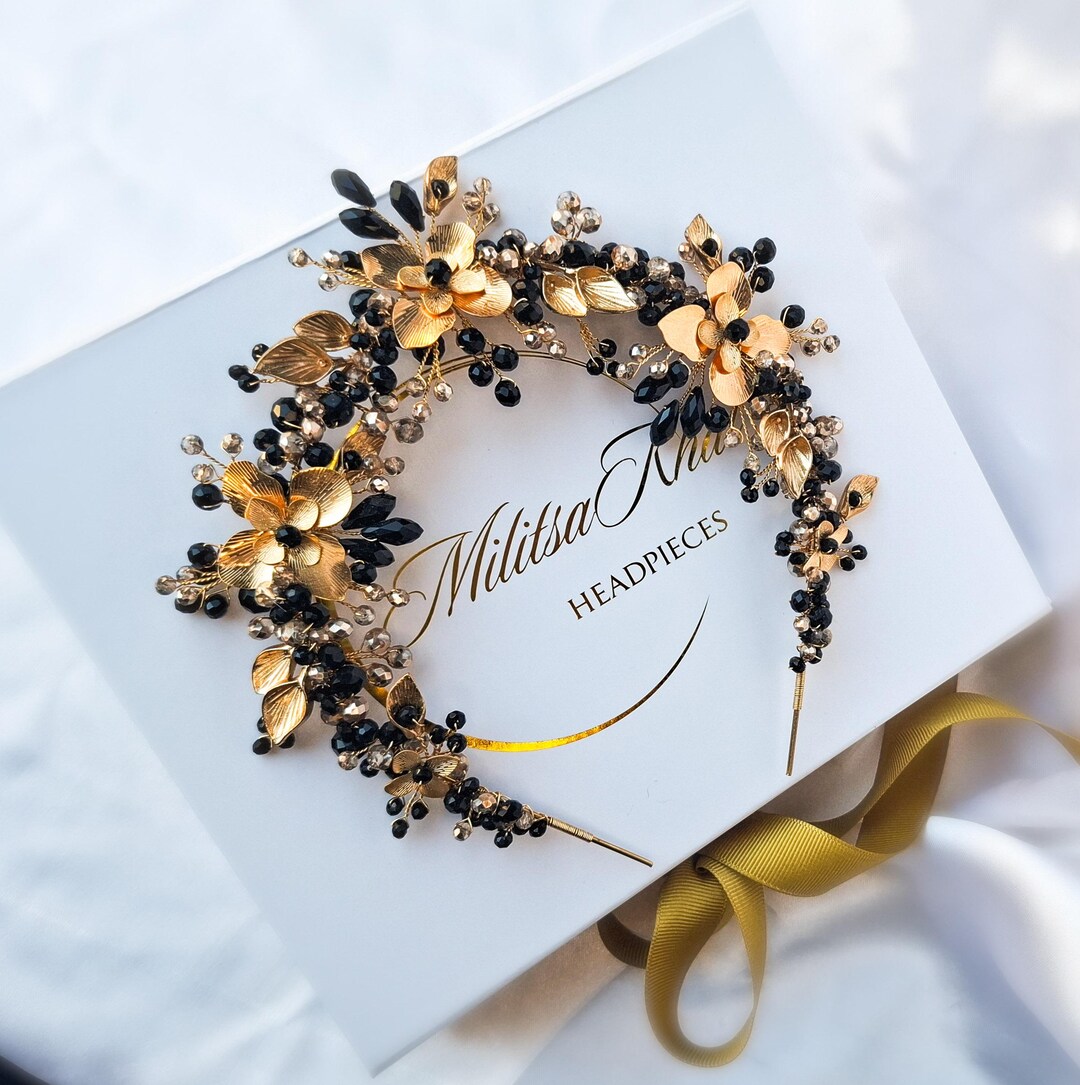 Black & Gold Flower Headband / Statement Bridal Headband / Black ...
