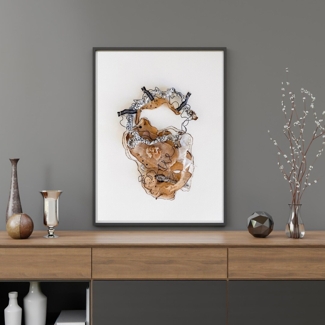 Mixed Media Art, Human Heart Art, Stitched Fabric on Watercolor Paper ...
