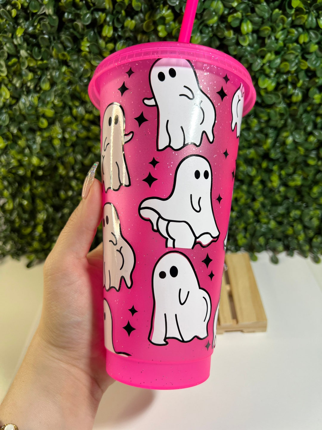 Spooky Ghost Booty Love Tumbler Reusable Cold Cup Hot Pink Glitter ...