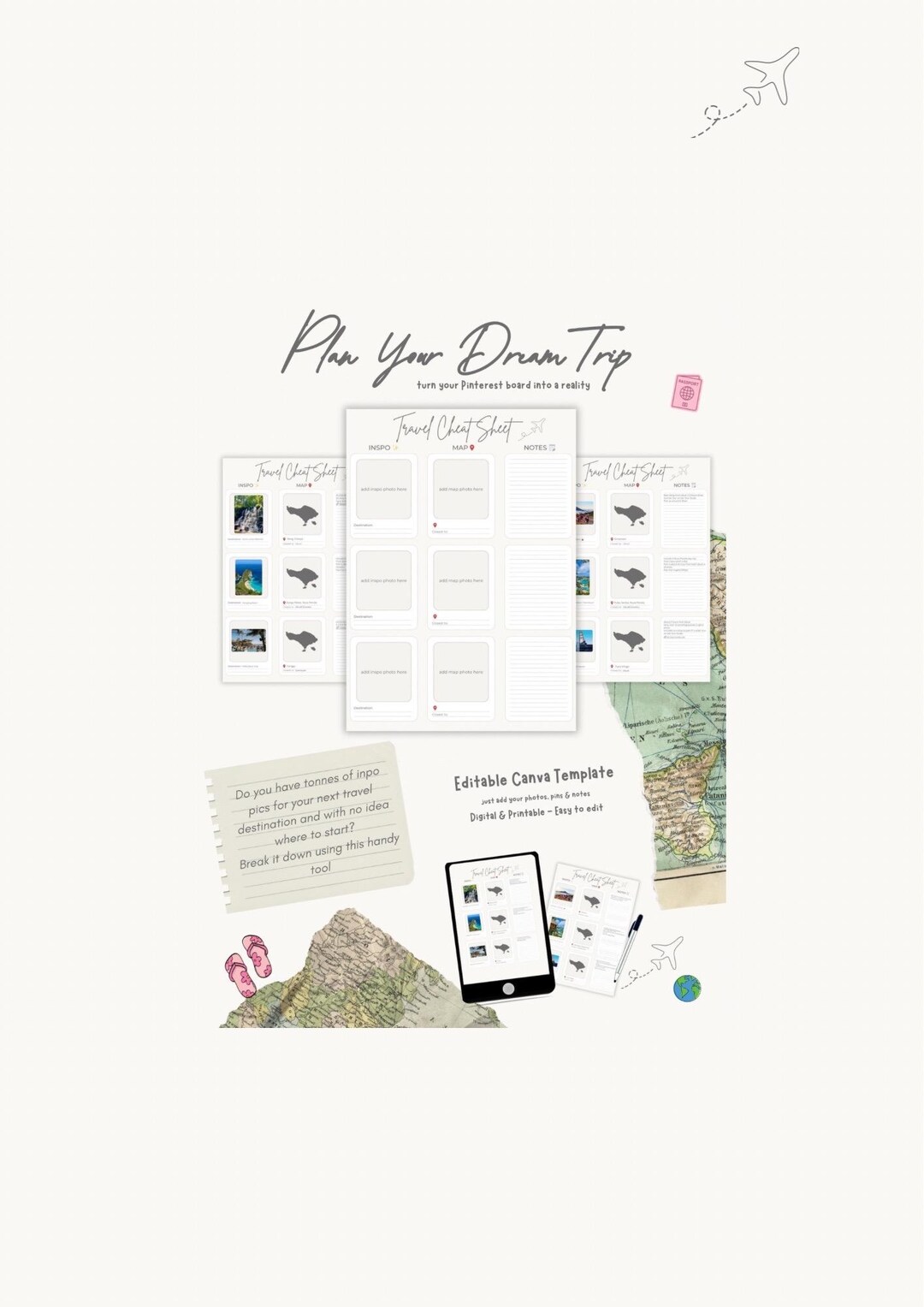Travel Cheat Sheet Canva Template | Visual Trip Planner | Editable ...