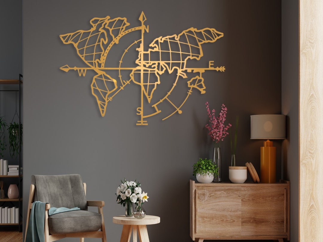 World Map Compass Metal, Modern Home Decor, Living Room Wall Art, Gift ...