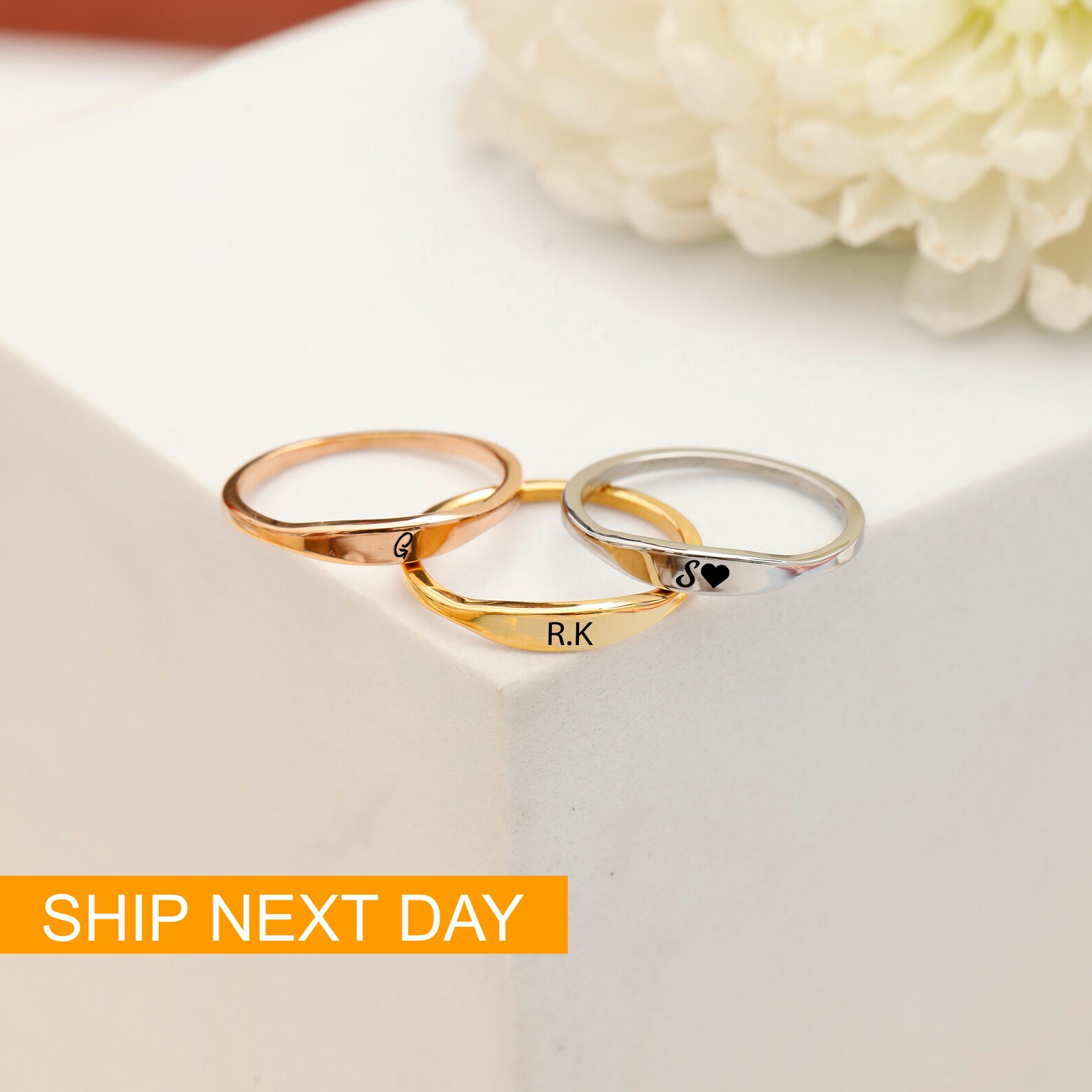 Heart Initial Name Ring Personalized Stackable Ring Set Customized ...