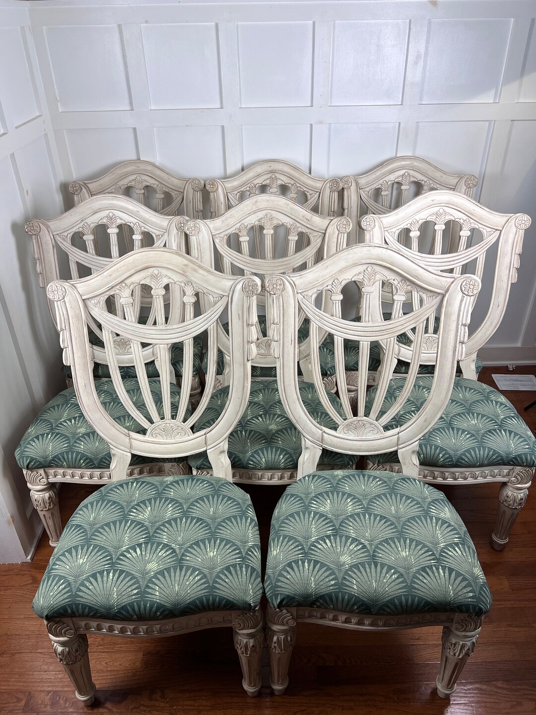 Vintage White With Green Upholstered Dining Room Chairs Greco Roman ...