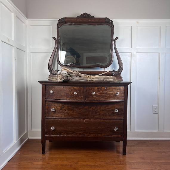 Antique Vintage Dark Oak Dresser With Mirror Etsy