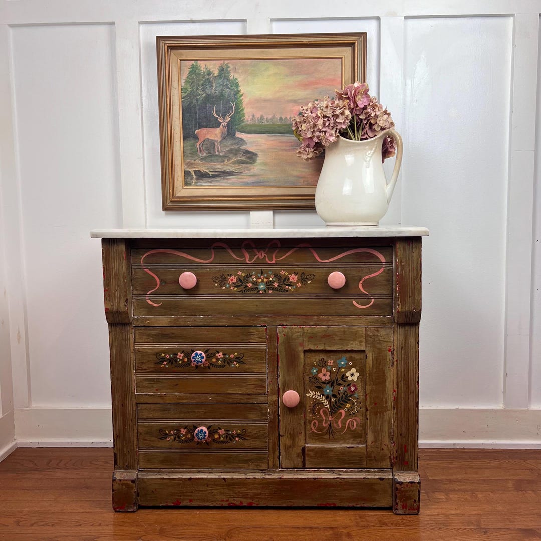 Antique Marble Top Handpainted Cottagecore Cottage Country Washstand ...