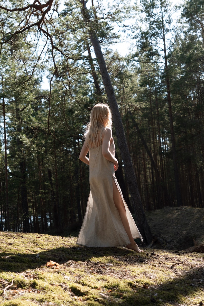 MUGWORT ᛒ Beige Organic Linen Long Night Slip Dress With Side Slits ...