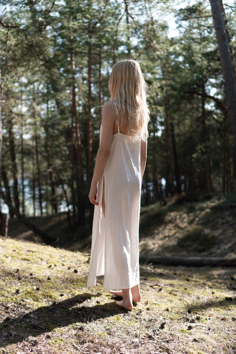 MUGWORT ᛒ White Organic Linen Long Night Slip Dress With Side Slits ...