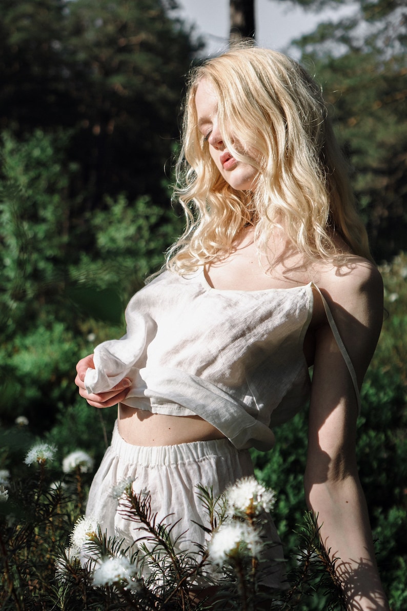 NIGHTSHADE ᛒ White Organic Linen Sleepwear Set With a Top and Shorts ...