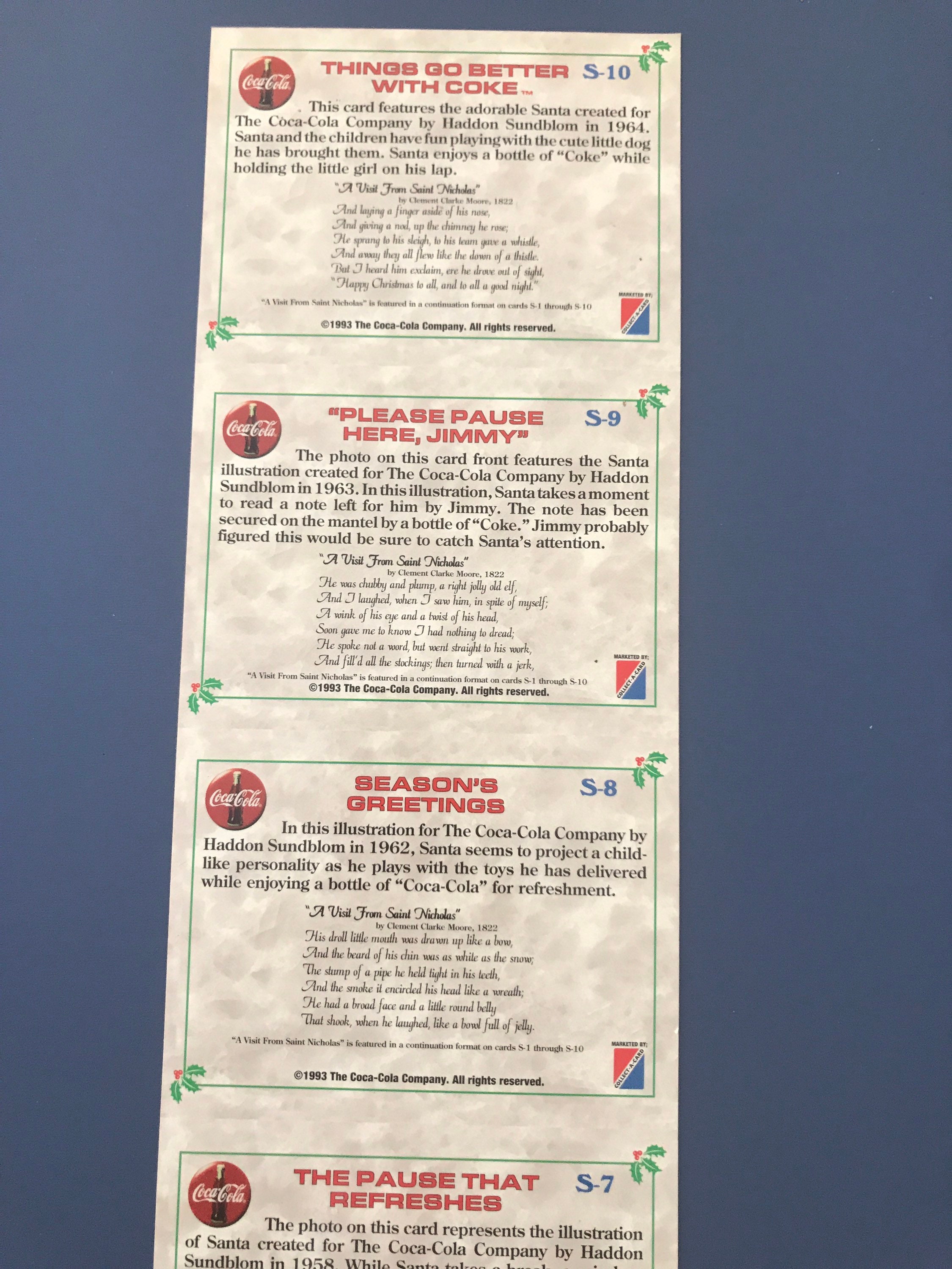 Rare UNCUT Sheet 1993 Coca Cola Cards Collect A Card Series 1 Santa ...
