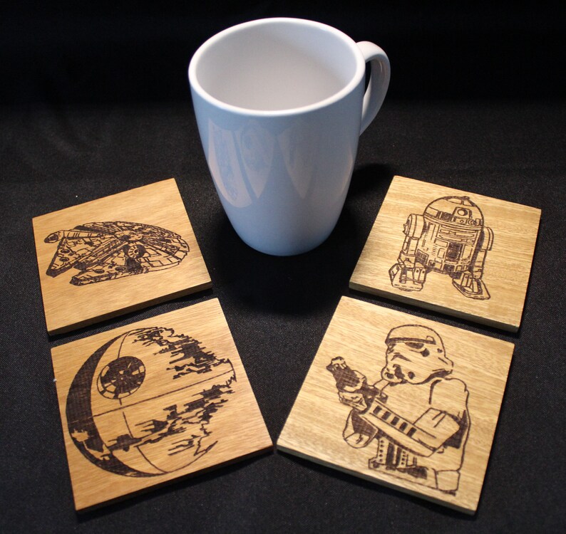 Star Wars engraved set of 4 real wood coasters | Etsy