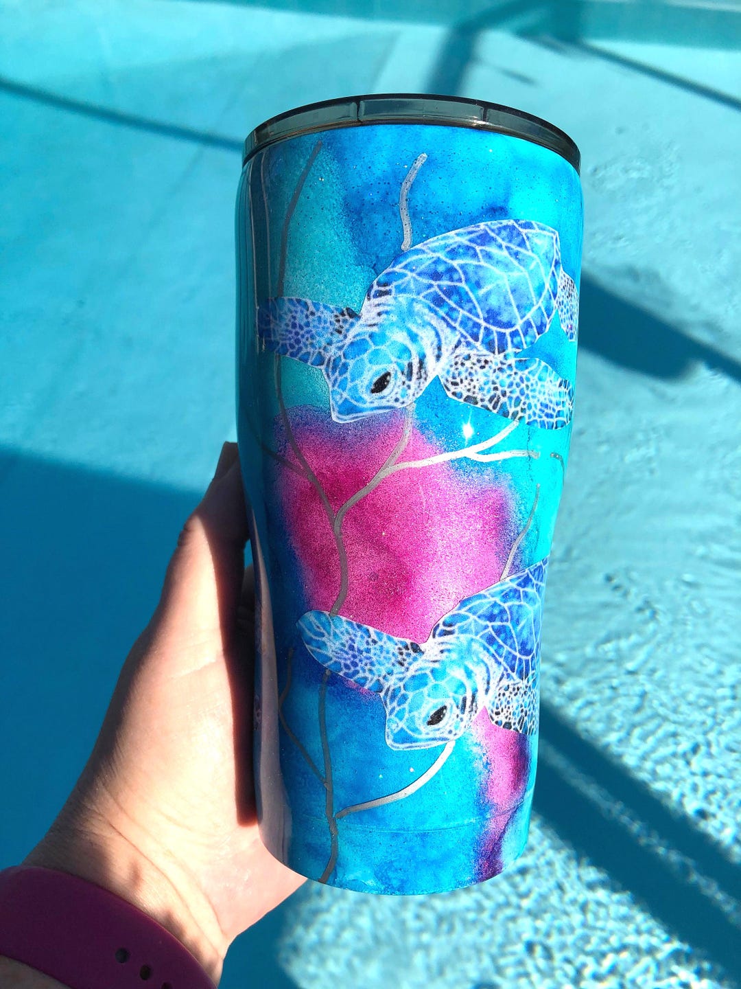 Sea Turtle Tumbler, Pink Cup, Blue Colorful Turtles, Hint of Sparkle - Etsy