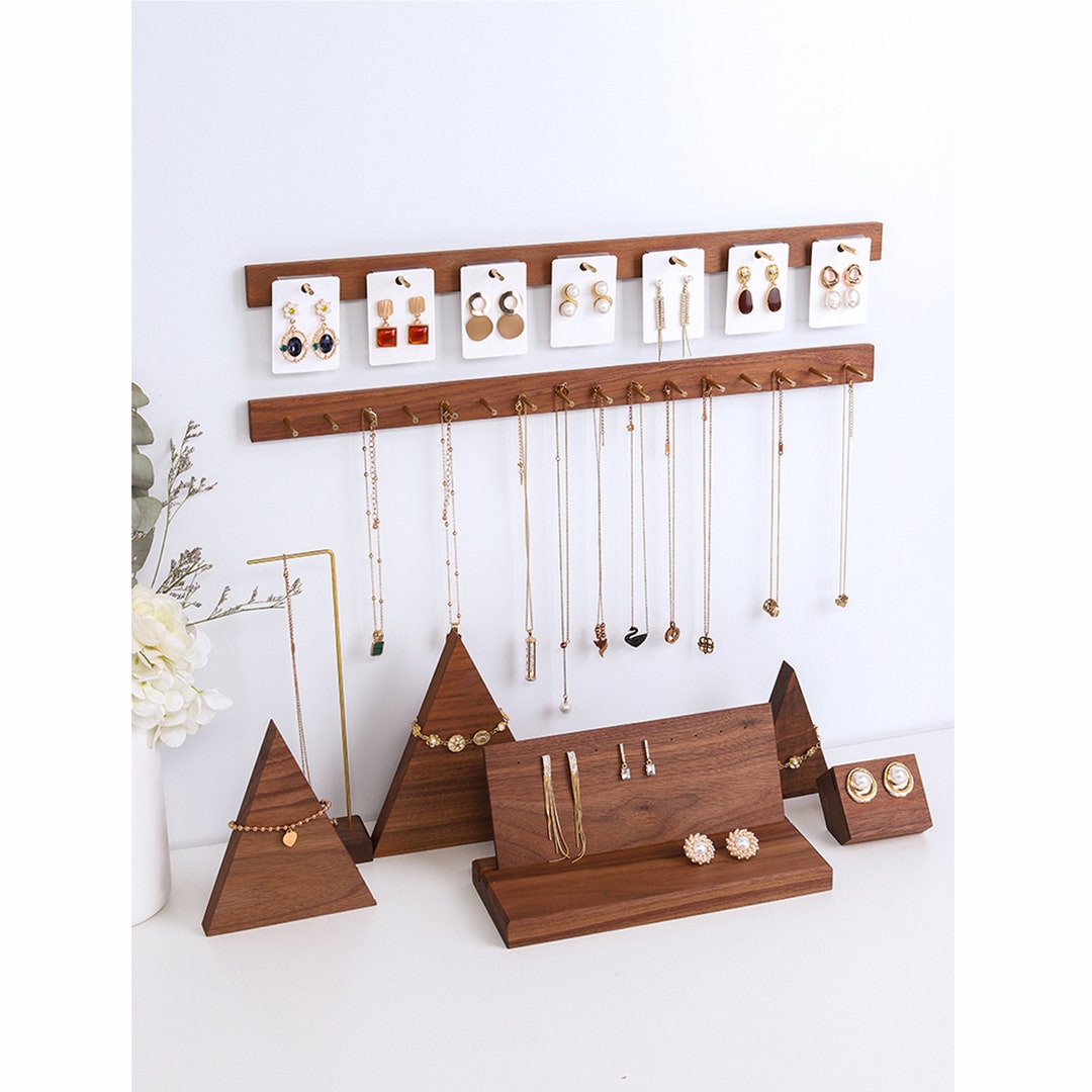 Dark Wood Minimalist Wall Jewelry Rack, Long Wall Jewelry Hanger ...