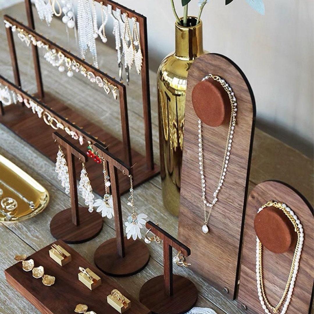 Dark Wood Jewelry Display Set, Necklace Display Stand, Unique Earrings ...