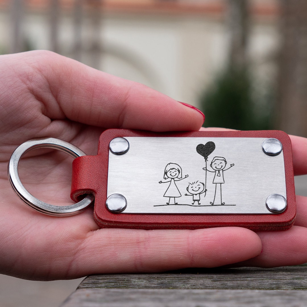 Custom Leather Keychain, Kids Drawing Engraved Keychain, Personalized ...