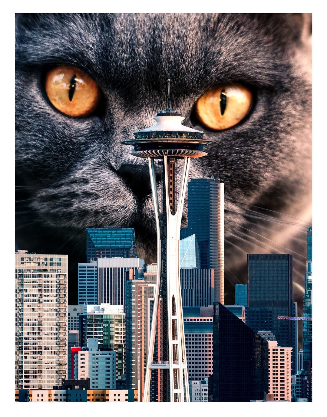 Seattle Skyline Print, Grey Cat Art, Seattle Washington Art Print, Cat ...