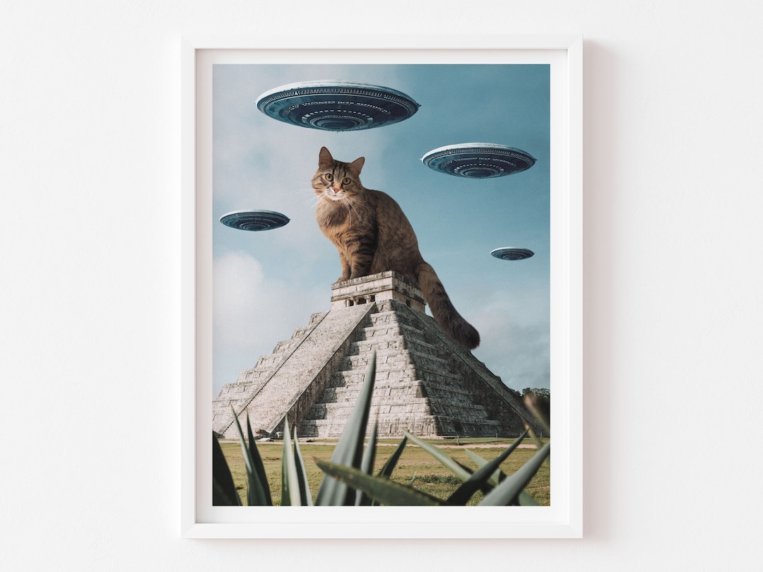 Alien Cat Art Print, Ufos, Mexican Pyramid, Surreal Artwork, Cat Decor ...