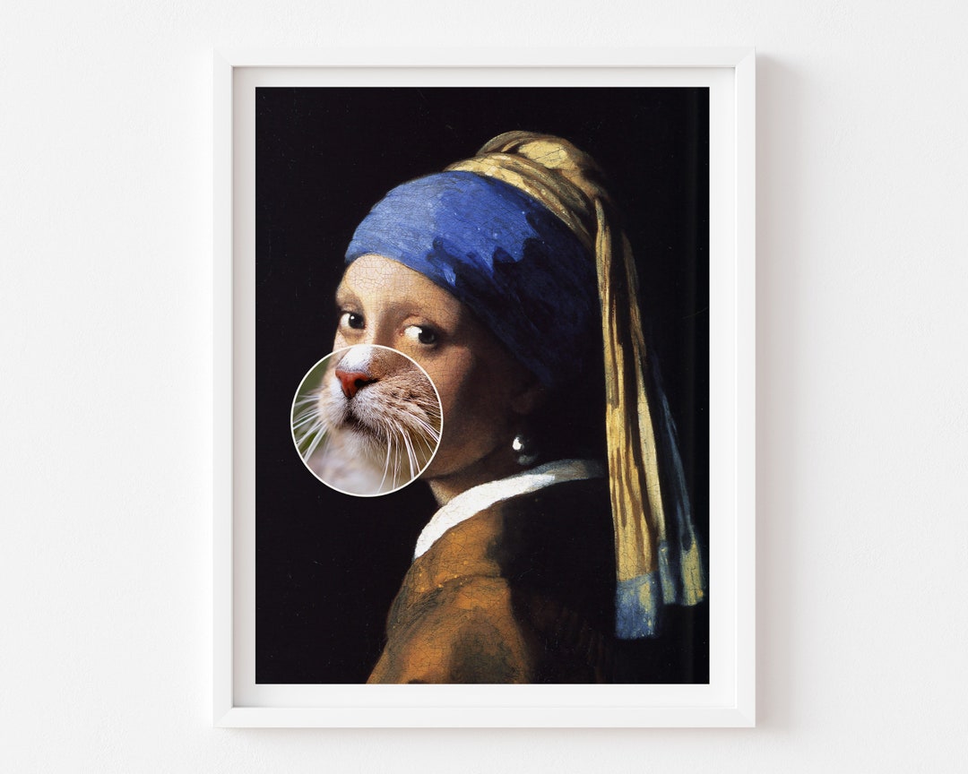 Girl With Pearl Earring Cat Art Print, Johannes Vermeer, Cat Wall Art ...