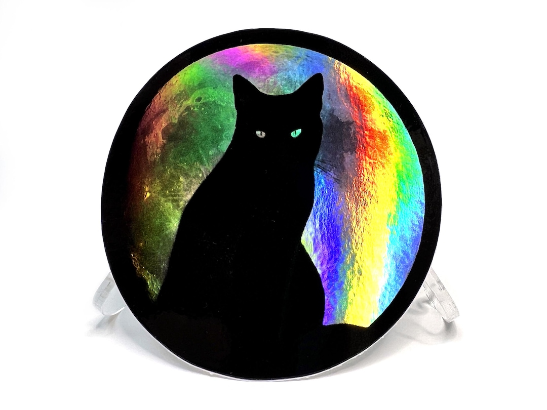 Holographic Black Cat Moon Sticker, Witchy Vinyl Decal, Cat Lovers Gift ...