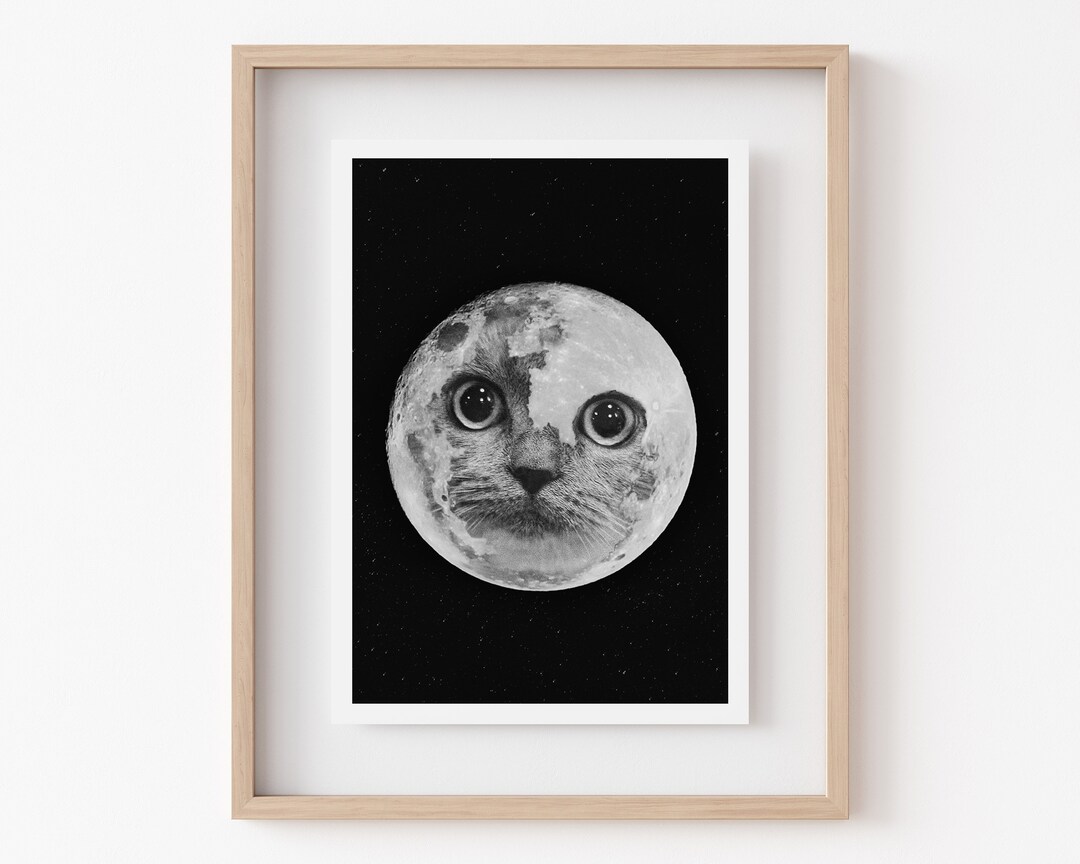 Moon Cat Art Print, Meow in the Moon, Black and White Wall Decor, Cute ...