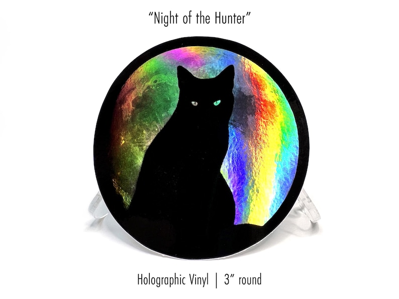 Holographic Black Cat Moon Sticker, Witchy Vinyl Decal, Cat Lovers Gift ...