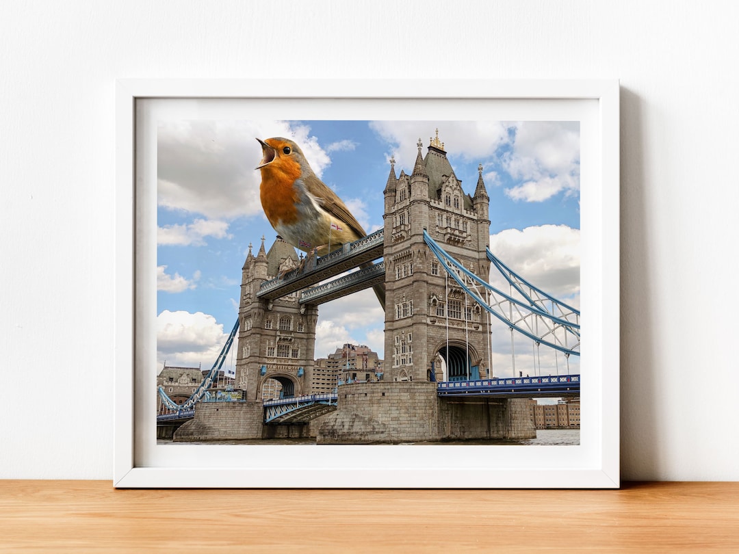 London Art Print, Robin Red Breast, Tower Bridge, Bird Artwork, Surreal ...