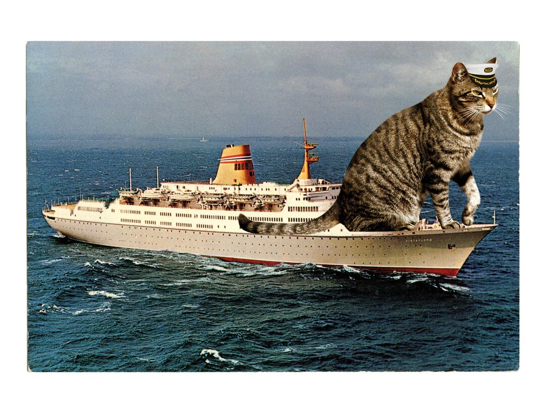 Nautical Cat Art Print, Boat Collage Artwork, Ocean Travel Decor ...